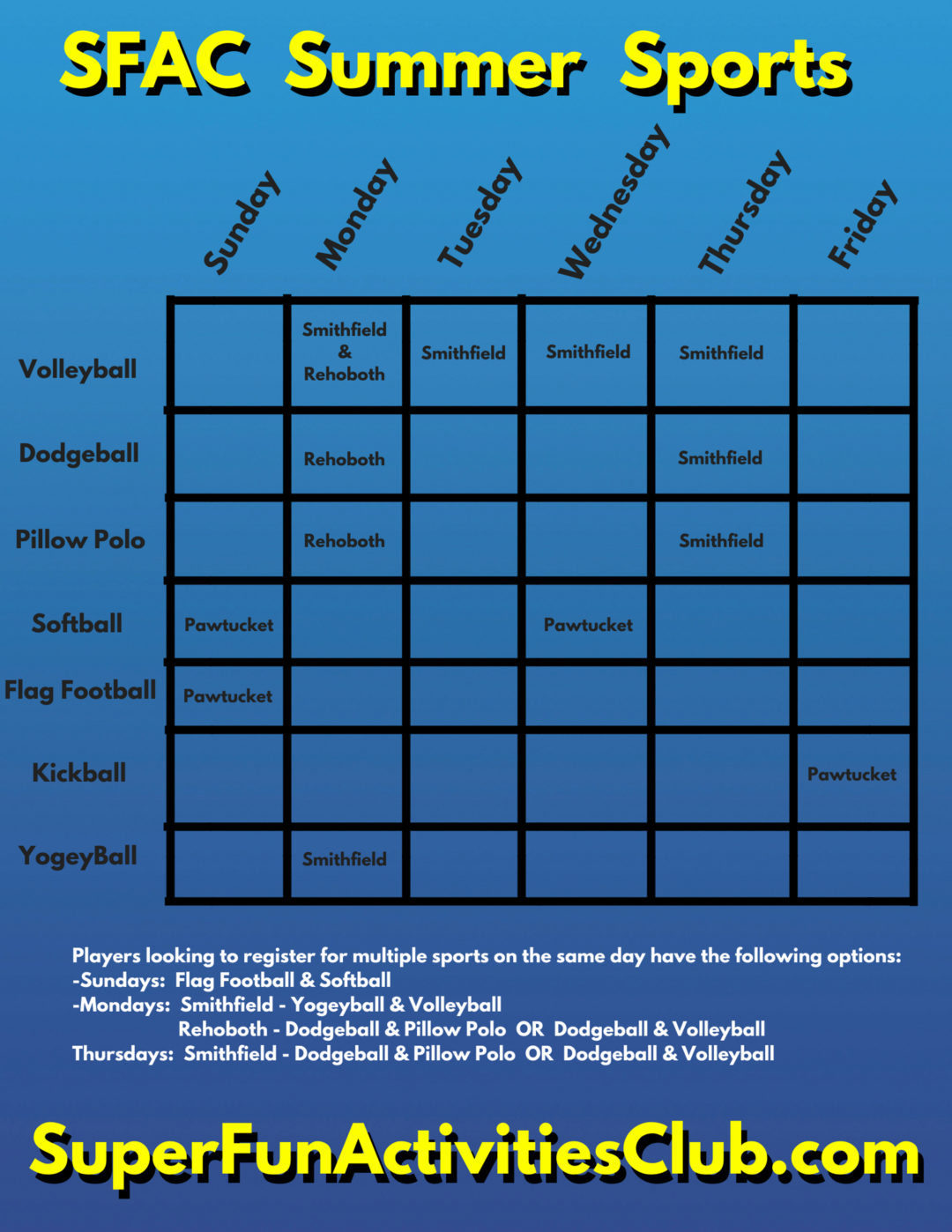 SFAC Summer 2018 Sports Chart - Super Fun Activities Club